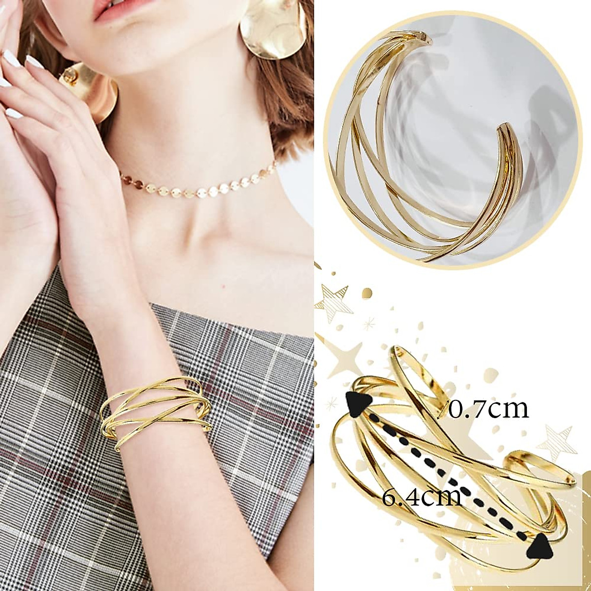 Svovin 1-7 Pcs Cuff Bangle Bracelet for Women Open Wide Wire Bracelets Gold Wrist Cuff Wrap Bracelet (B:APC)