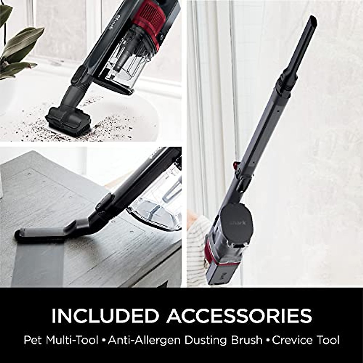 Shark IZ662H Vertex Pro Lightweight Cordless Stick Vacuum with IQ Display, DuoClean PowerFins & MultiFLEX, Includes Crevice Tool, Pet Multi-Tool & Anti-Allergen Dusting Brush, 60min Runtime, Black/Red
