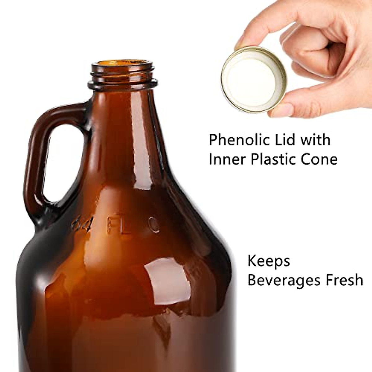 ZEAYEA 3 Pack Glass Growler Jug, 64 oz Amber Half Gallon Jug Set with Lids and Handle Great for Beer, Home Brewing, Kombucha, Distilled Water