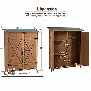 Outdoor Wooden Storage Shed with Lockable Door & Detachable Shelves, Pitch Roof, 56" L x 19.5" W x 64" H, Yellow Brown Finish, Weatherproof Garden Storage Solution
