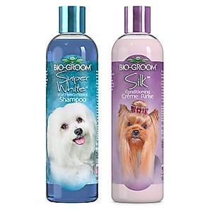 Bio-Groom Super White Shampoo and Silk Creme Rinse Conditioner - Dog Bathing Supplies, Puppy Shampoo, Puppy Conditioner, Cat & Dog Grooming Supplies for Sensitive Skin - 12 Fl Oz Each, 1-Pack