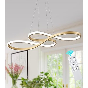 Q&S Modern LED Chandelier Gold Contemporary Light Fixtures Pendant Light Hanging Light for Dining Room Kitchen Island Dimmable Chandeliers with Remote Control 4000K-6000K L30 in