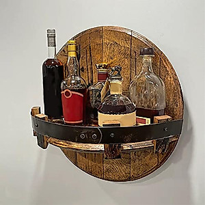 Whiskey Barrel Shelf Hand Crafted Liquor Bottle Display Vintage Round Wine Shelf Wooden Wall Mounted Wine Rack 7 Wine Bottle Round Shelf Wall Display Decoration for Home Bar Kitchen Cabinet
