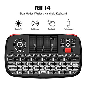 Rii (Upgrade) i4 Mini Bluetooth Keyboard with Touchpad, Blacklit Portable Wireless Keyboard with 2.4G USB Dongle for Smartphones, PC, Tablet, Laptop TV Box iOS Android Windows Mac.Black