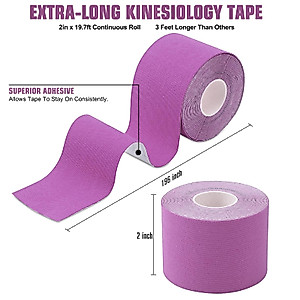 Kinesiology Tape (3 Uncut Roll) Kinetic Tape 16.4 ft Waterproof Athletic Sports Tape Physio Tape for Knees, Shoulder, Ankles, Elbow, Pain Relief,Joint Support (Purple)