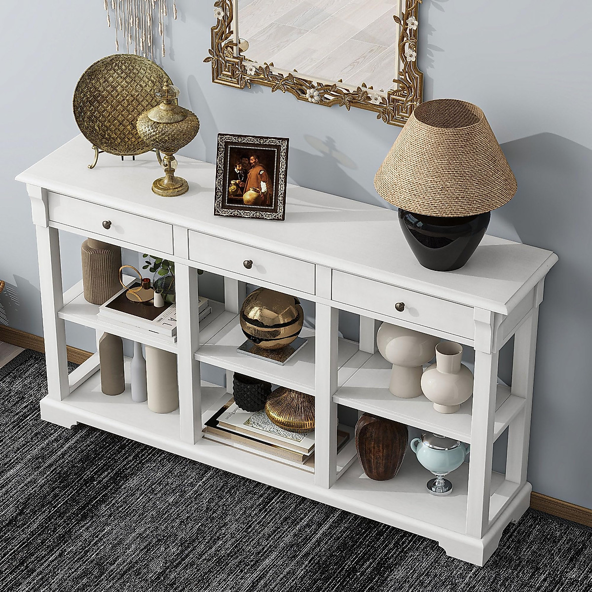 Merax Console Table/Sideboard with Ample Storage, Open Shelves and Drawers for Living Room, Antique White