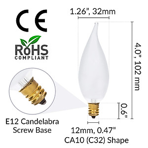Simba Lighting Candelabra Flame Tip Frosted CA10 25W E12 Base (12 Pack) Decorative Incandescent Light Bulbs 120V for Chandeliers, Ceiling Fan Lights, Pendants, Wall Sconces, Dimmable, Warm White 2700K