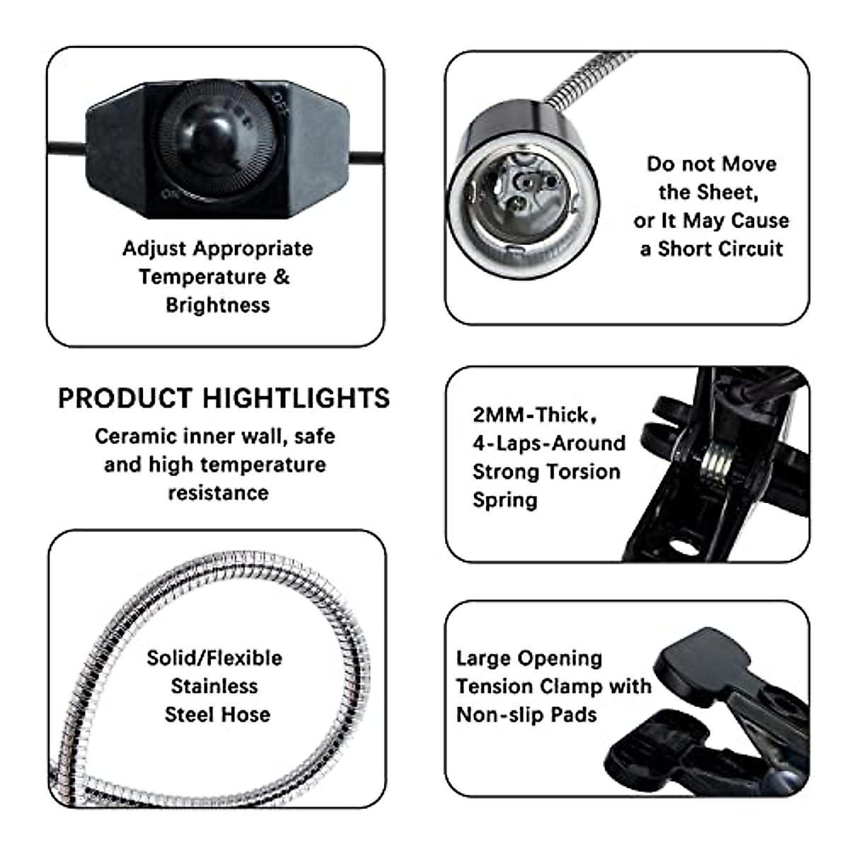 Pet Heating Light Lamp,Turtle Tank Light for Rreptiles,Flexible Clamp Lamp,Stand Heat Lamp,Adjustable Reptile Clamp Heat Lamp,with Clamp E27 Base 360° Hose Aquarium,for Reptiles Lizard Turtle,No Bulb