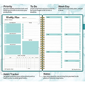 Weekly Planner Undated, Weekly Goals Schedule Planner Regolden-Book To Do List Notebook Calendars Organizers Habit Tracker Journal for Man & Women, Spiral Binding, Pocket, Pen Loop, 53 Weeks (7x10")