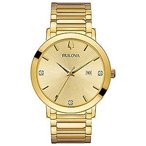 Bulova Men's Modern Gold Tone Stainless Steel 3-Hand Calendar Date Quartz Watch, Black Dial with Diamonds Style: 97D115