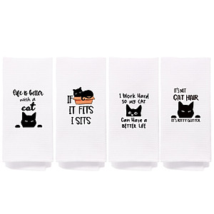 NEGIGA Cat Kitchen Towels and Dishcloths Sets 24x16 Inch Set of 4, Funny Black Peeking Cat Decor Decorative Dish Hand Tea Bath Towels for Kitchen Bathroom,Cat Lovers Girls Gifts