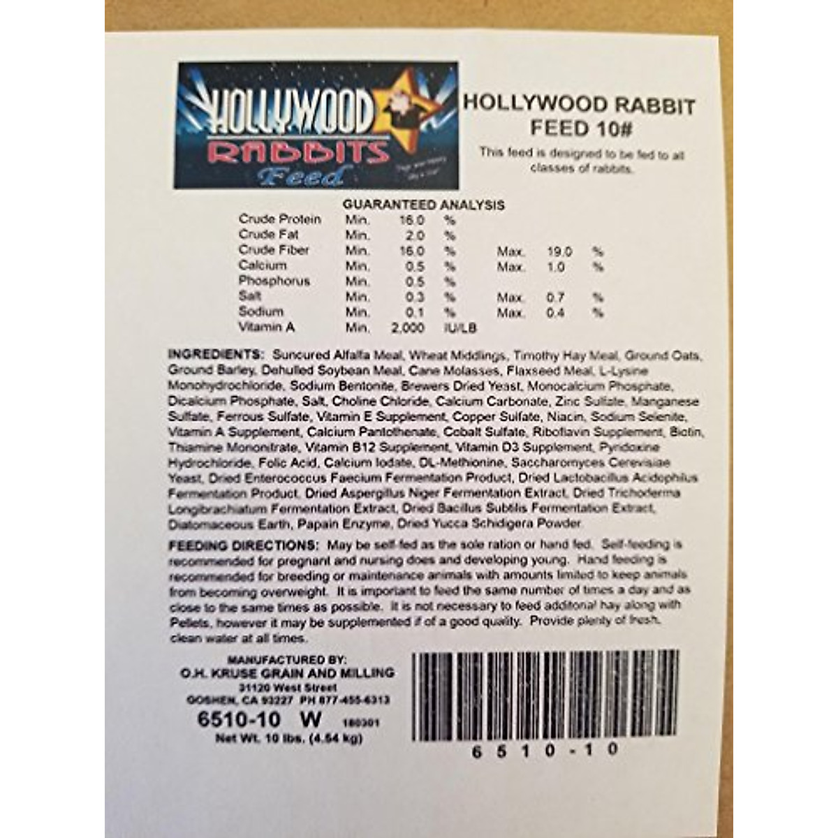 Hollywood Rabbits Feed - 9 Lb. Premium Feed | Hand Crafted High-Fiber | Probiotics for Digestive Health