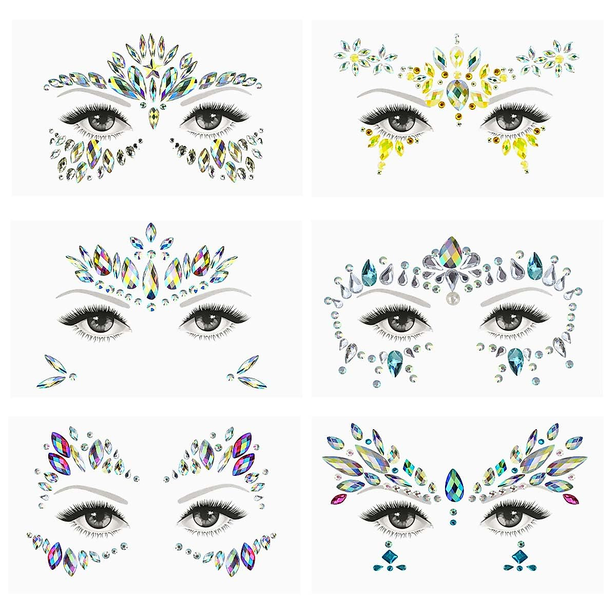 6 Pcs Face Jewels Face Gems Face Rave Stickers for Festival Party Makeup Halloween Mermaid Face Crystal Glitter Body Eyes Crystals Sticker Temporary Tattoos Stickers for Women Rhinestone Face Jewels