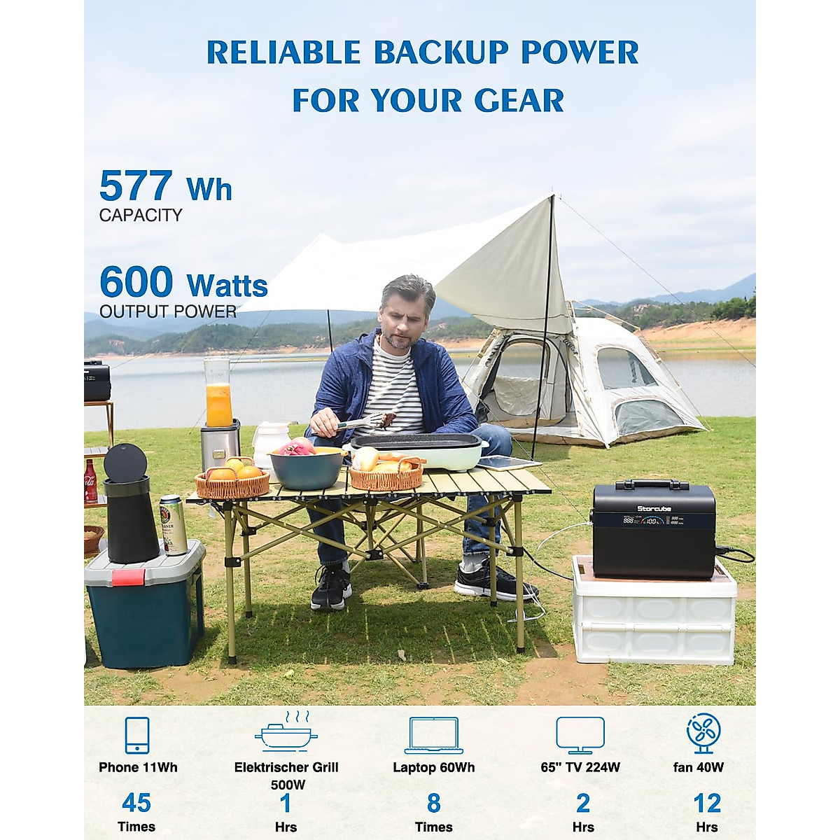 Portable Power Station 600W, STORCUBE Solar Generator 577Wh with 3 AC Outlet, PD 100W Output, Lithium Battery Backup, Solar Powered Generators for Camping Outdoor Home Emergency (1000W Surge)