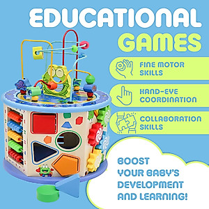 KIDDERY TOYS Wooden Activity Cube for Toddlers 1-3 with Bead Maze - Birthday Gift Busy Baby Activity Cube for 6-Month-Old Baby