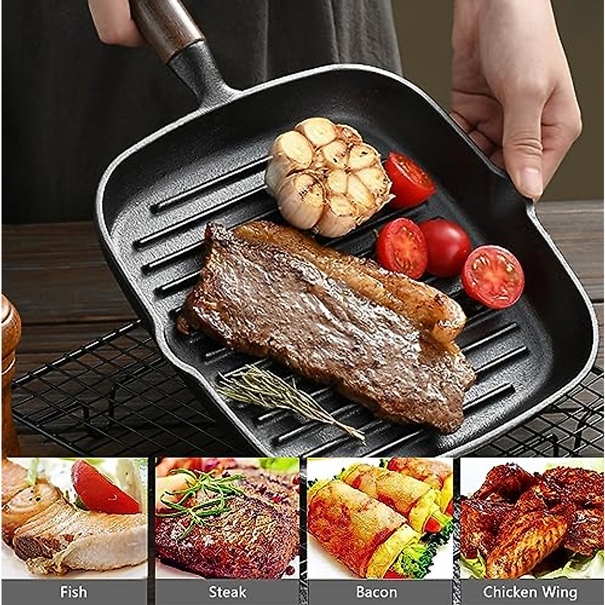 JUSTUP Cast Iron Square Grill Pan, Nonstick Grill Pan with Pour Spouts, Pre-Seasoned Ridged Skillet with Heat Resistant Handle, Cooking Pan for Steak, Egg, Bacon,PFOA Free (Black)