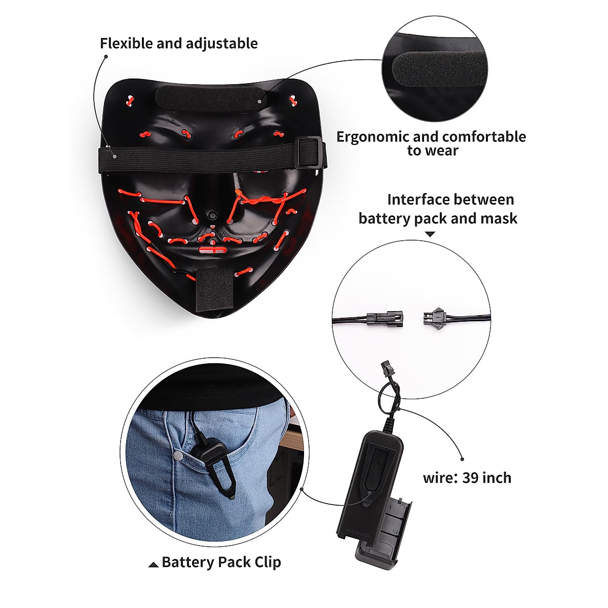 Halloween Mask, Scary Led Costume Mask, Masquerade Cosplay Light Up Face Mask for Men Women Kids, No UV Damage, Clown Mask for Adults