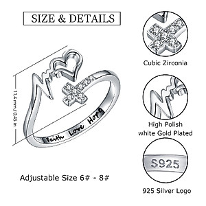 EJALEN S925-Sterling-Silver Faith Hope Love Heart Cross Rings for Women Adjustable Inspirational Faith Over Fear Ring Jewelry Jesus Christmas Gifts for Teens Grils Size 6-8 (white)