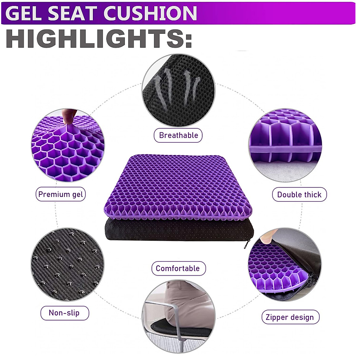 Gel Seat Cushion Pillow for Long Sitting – Office Chair Car Egg Seat Cushion with Non-Slip Cover for Back, Coccyx & Tailbone Pain Relief Pad - Pressure Reducing Honeycomb Designed for Comfort