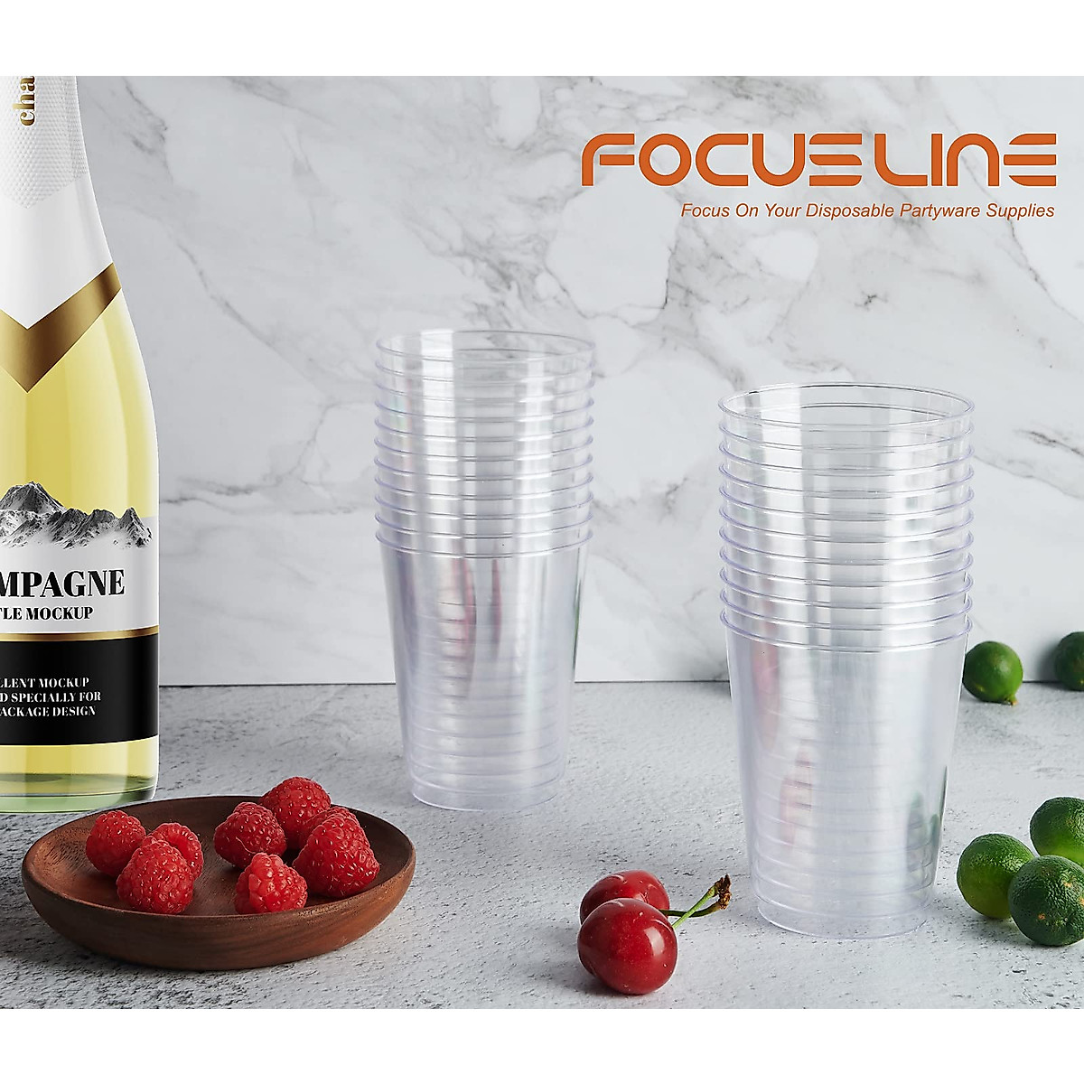 FOCUSLINE 100 Pack Clear Plastic Cups 10 oz Disposable Cups Heavy Duty Plastic Tumblers, Reusable Clear Hard Plastic Cups Tumblers for Wedding, Thanksgiving, Halloween, Christmas Party