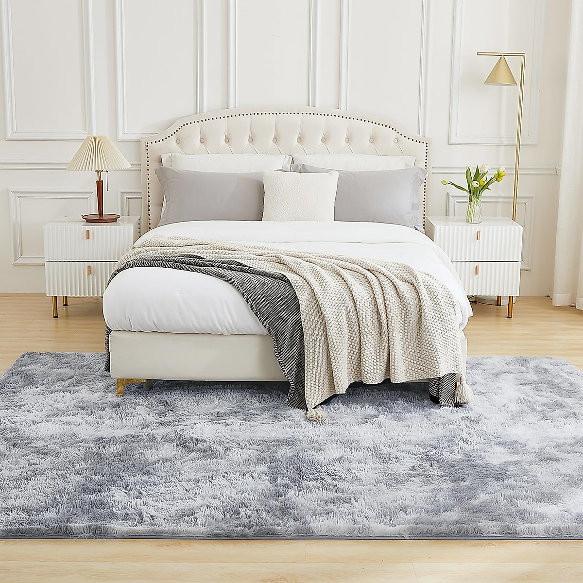 Andency 6x9 Shag Area Rug for Living Room, Tie-Dyed Light Grey Soft Fuzzy Plush Indoor Carpets for Bedroom, Non Skid Fluffy Faux Fur Rug for Nursery Kids Boys Girls Room