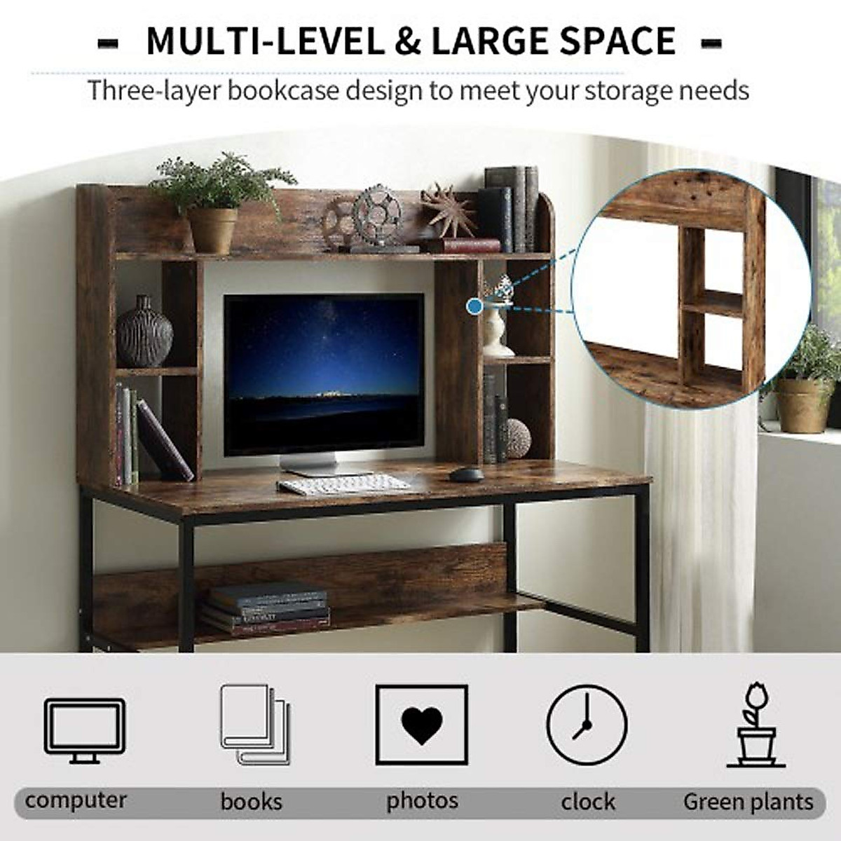 Home Office Desk, 47 inch Modern Simple Style Laptop Table, Multipurpose PC Workstation, Computer Desk with Hutch and Bookshelf