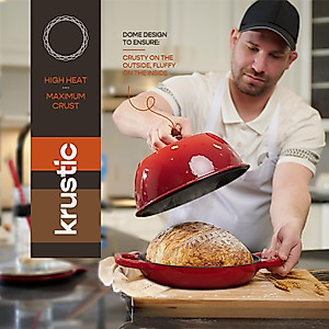 Krustic Enameled Cast Iron Dutch Oven for Sourdough Bread Baking | 6 Quart Pot with Lid | 10 Inch Ceramic Enamel Thick Coated Cookware Set with Non Stick Silicone Baking Mat for Cooking | 6 Qt | Red