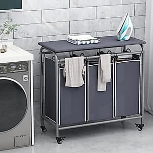 LINZINAR 3 Bag Laundry Basket Sorter Heavy Duty Rolling Lockable Wheels Laundry Hamper Cart with Ironing Board and Removable Bags, Grey