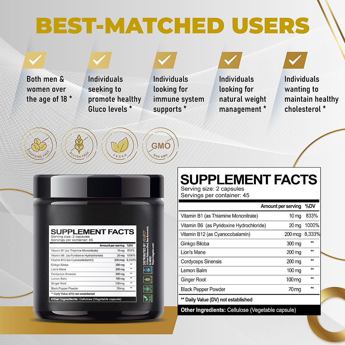 VEGATOT Vertigo Supplement *USA Made and Tested* Inner Ear Supplement with Ginkgo Biloba Lion's Mane Lemon Balm Ginger VIT B1, B6, B12- for Dizziness Spinning Inner Ear Balance