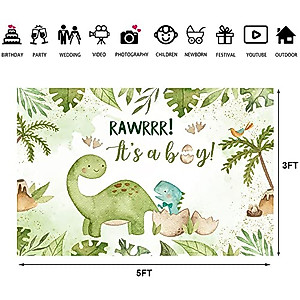 Hilioens 5×3ft Dinosaur Baby Shower Backdrop It's A Boy Newborn Green Leaf Dinosaur Egg Party Decorations Banner Cartoon Dinosaur Supplies Background Cake Table Supplies