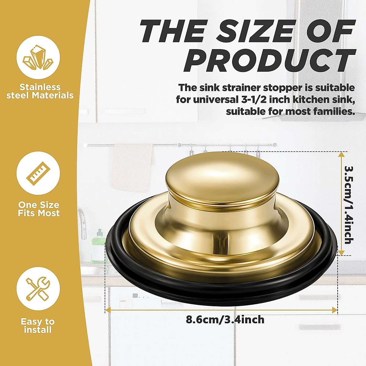 Retisee 2 Pcs Kitchen Sink Drain Strainer Kitchen Sink Stopper Kit Basket Stainless Steel Sink Filter Anti Clogging Sink Plug for Standard 3 1/2 Inch Kitchen Sink Garbage Disposal (Gold)