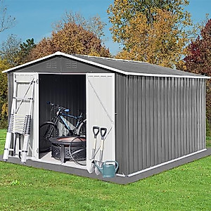 Evedy 10x8ft Outdoor Storage Shed,Metal Garden Shed for Bike, Trash Can, Tools, Galvanized Steel Outdoor Storage Cabinet with Lockable Door,Tool Cabinet with Vents,for Backyard,Patio, Lawn