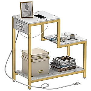 Snughome End Table with Charging Station, Narrow Side Table, 3 Tier Modern Nightstand with USB Ports and Outlet, Sofa Beside Table for Living Room, Bedroom，White and Gold