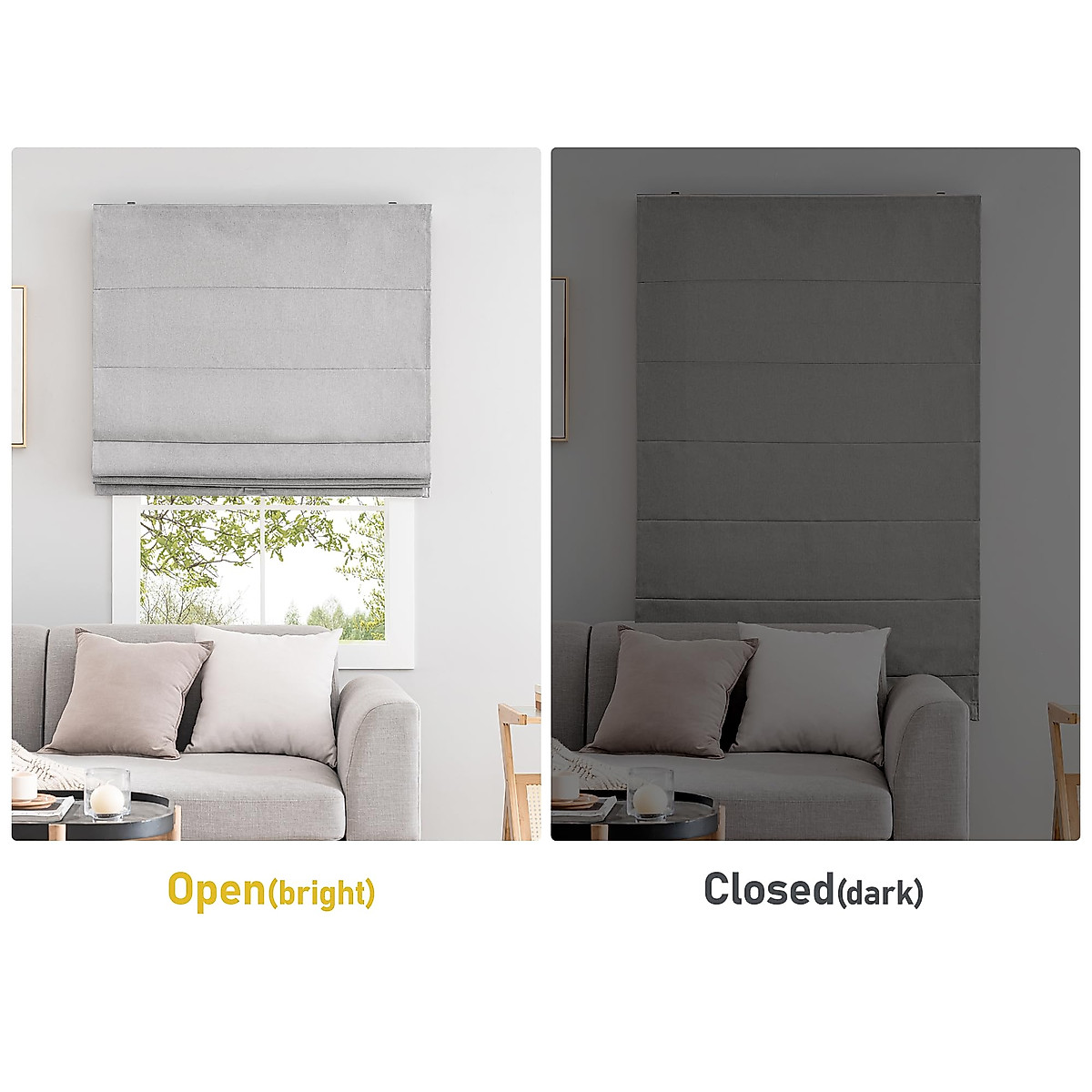 SHECUTE Roman Cordless Shades: Room Darkening, Light Filtering for Bedroom, Living Room, Windows & French Doors (Grey, 46'W x 64'L)