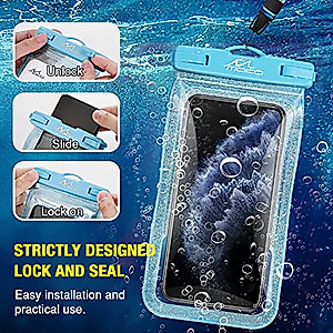 MoKo Waterproof Phone Pouch Holder Floating 2-Pack, IPX8 Glitter Waterproof Case Dry Bag Compatible for iPhone14 13 12 11 Pro Max X/Xr/Xs/8/7/6/SE 3, Galaxy S20/S21, Light Blue & Pink