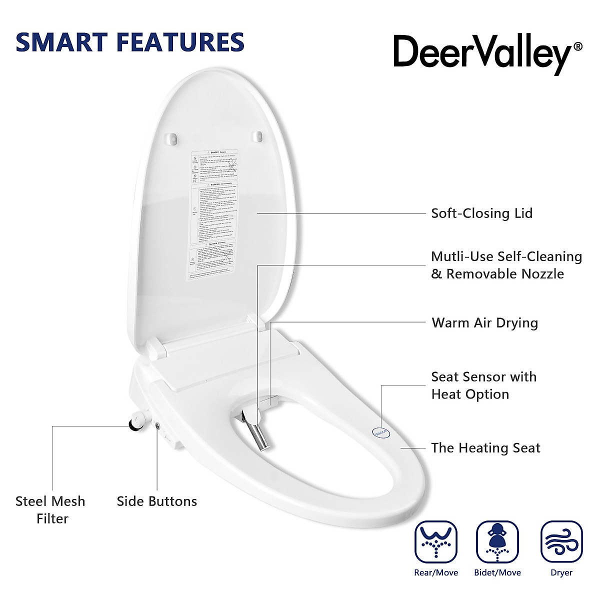 Bidet Seats, DeerValley DV-1S0018 Electronic Bidet Toilet Seat, Smart Toilet Seat with Sensor Seat Heating, Warm Air Dryer, Nightlight, Multiple Wash Methods, Self-Cleaning Nozzle, White
