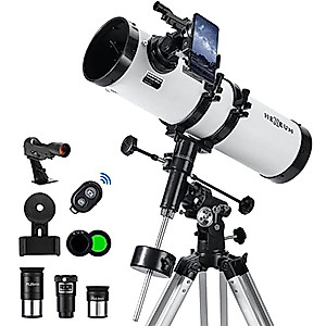 HEXEUM Telescope 130EQ Astronomical Reflector - Manual Equatorial for Adults Astronomy. Comes with 2X Barlow Lens Phone Adapter and Moon Filter & Sun Fliter, Wireless Control, White