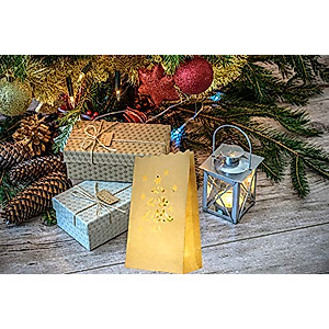 Onene 10 Pcs White Luminary Bags, Candle Bag with Christmas Tree Design, Durable and Reusable Fire-Retardant Cotton Material Paper Lantern Bags for Christmas Holiday Outdoor, New Year Occasion