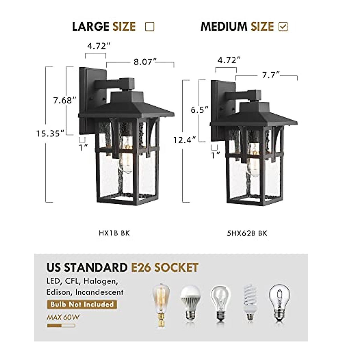 HWH INVESTMENT Outdoor Wall Light 2 Pack, Exterior Wall Sconce Light Fixtures with Seeded Glass, Farmhouse 1-Light Porch Light Waterproof for Patio Balcony Indoor, Matte Black, 5HX62B-2PK BK