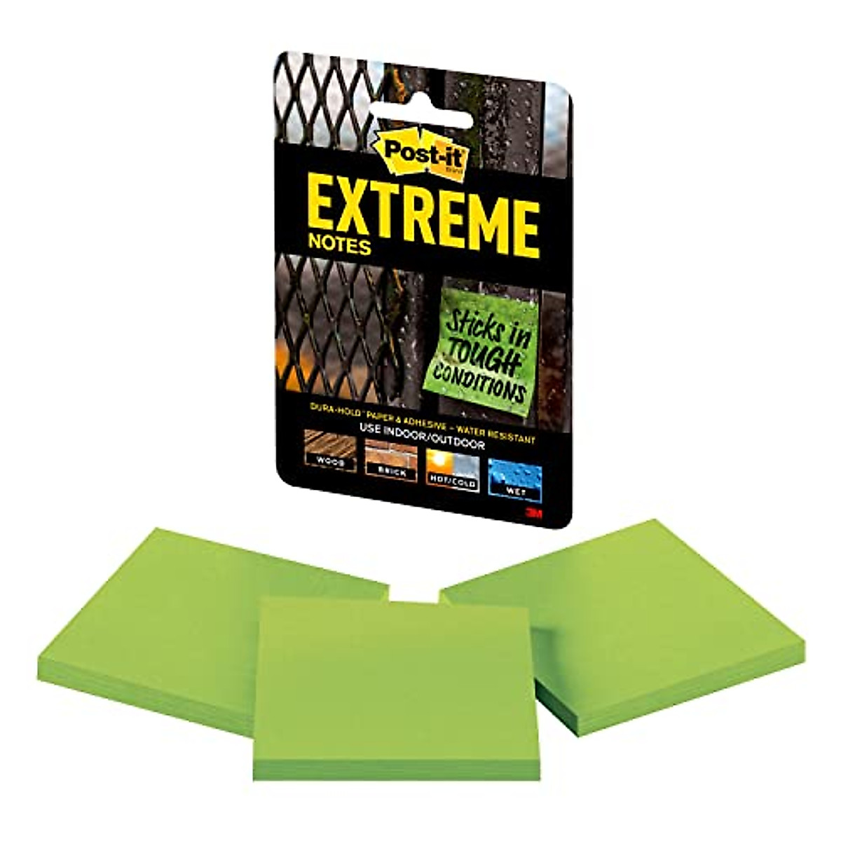 Post-it Extreme Notes, Works outdoors, Works in 0 - 120 degrees Fahrenheit, Sticks where other notes can't, Green, 3 in x 3 in, 3 Pads/Pack, 45 Sheets/Pad (EXTRM33-3TRYGN) (EXTRM33-3TRYGN)