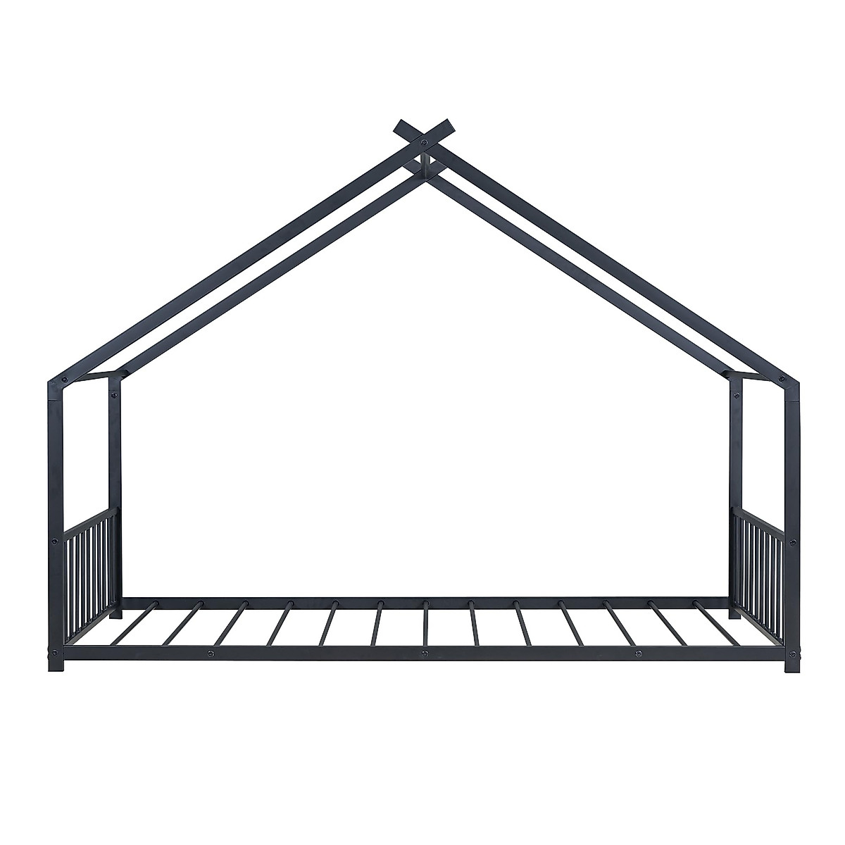 Favfurish Metal Twin Size House Bed with Roof and Slats Support,Playhouse Design Montessori Floor Bed Frame W/Headboard & Footboard,No Box Spring Needed,for Kids Girls Boys,Black
