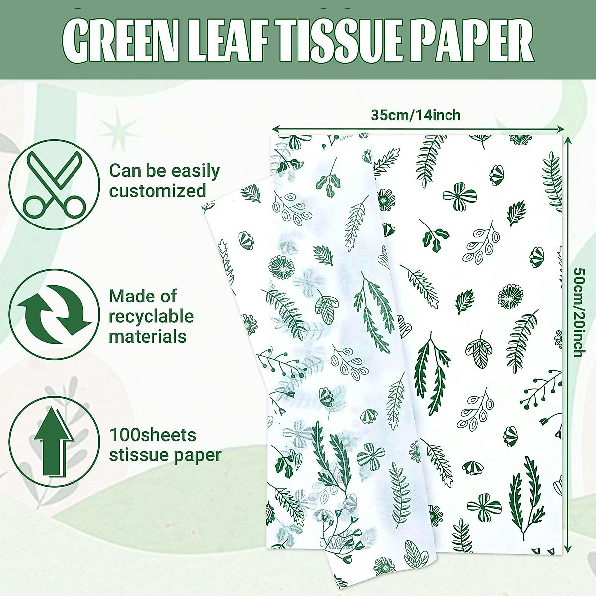 Bolsome 100 Sheets 20 * 14 Inches Greenery Tissue Paper, Botanical Gift Wrapping Tissue, Green Leaves Decorative Tissue Paper for Jungle Safari Party Baby Bridal Shower Birthday Wedding Decor