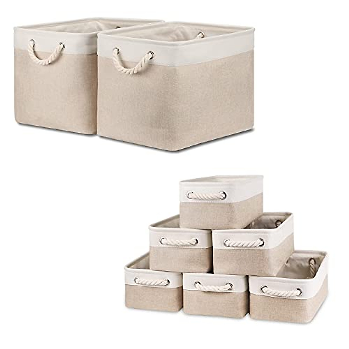 Bidtakay Baskets Set Fabric Storage Bins-Beige Bundled Baskets of 2 Large Baskets 16" X 11.8" X 11.8" + 6 Small Baskets 11.8" X 7.8" X 5"