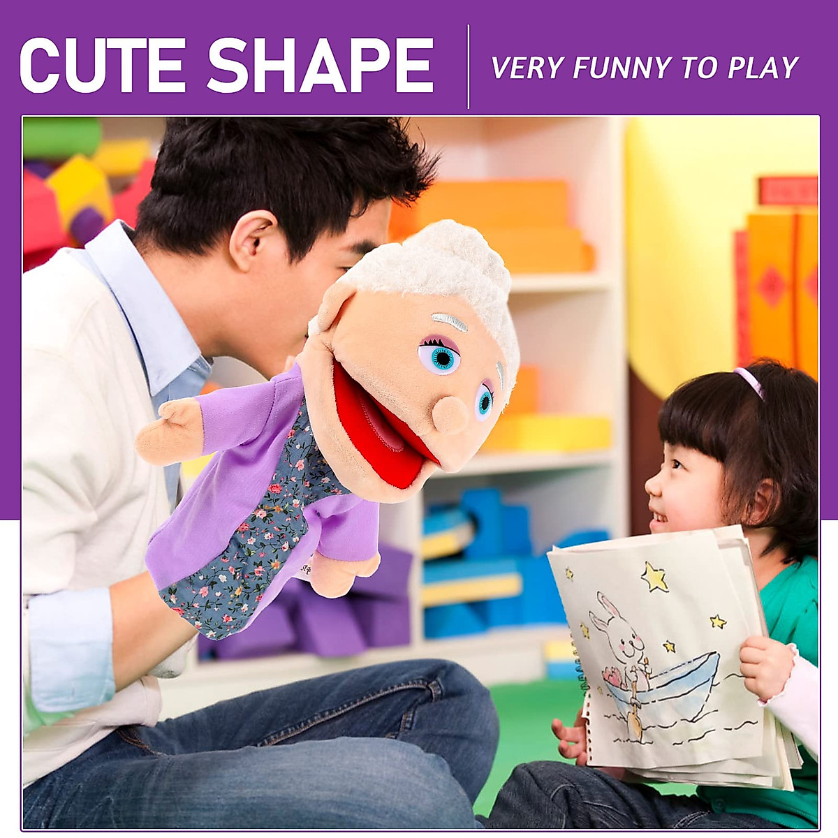 Zerodeko Grandmother Hand Puppet, Family Member Figure Puppets with Movable Mouth, Plush Hand Puppet Pretend Play Toys Storytelling Props Early Educational Toy for Girls Boys