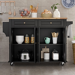 Rolling Kitchen Island with Drop Leaf – Movable Kitchen Carts on Wheels Island with Storage Cabinet, Island Table for Kitchen with Rubber Wood Top and Rack and Drawer, Matte, Black