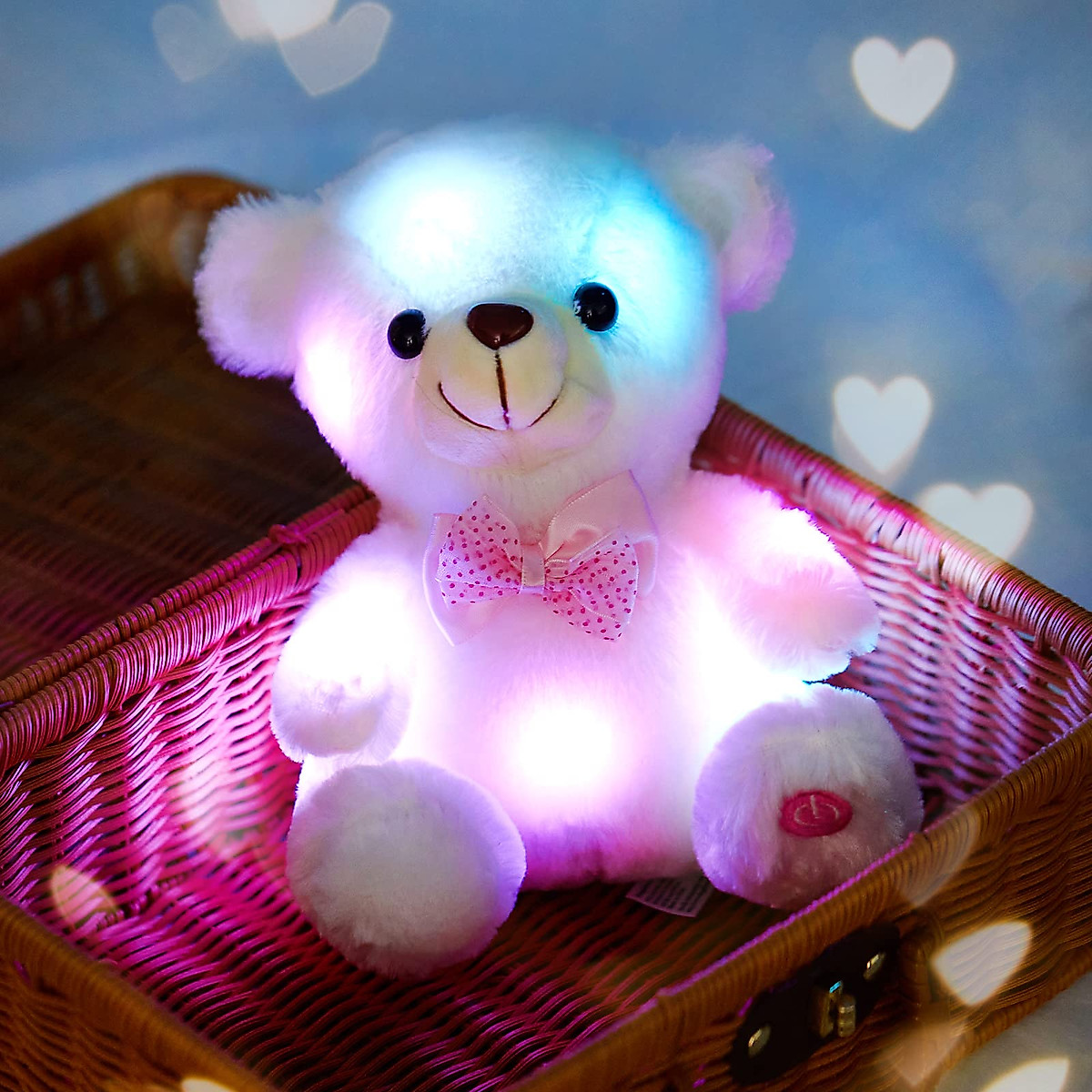 BSTAOFY Light up Mother's Day White Teddy Bear LED Stuffed Animal Soft Nightlight Glow Bear Plush Toy Gifts for Kids Mom Girls Valentine's Day Birthday Christmas, 8"