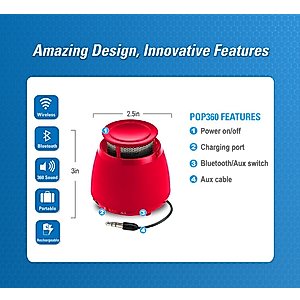 BLKBOX Wireless Bluetooth Speaker POP360 Hands Free Bluetooth Speaker - for iPhones, iPads, Androids, Samsung and All Phones, Tablets, Computers (Rockin' Red)