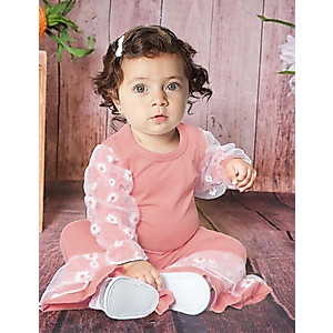 Baby Girl Outfit 3-6 Months,Baby Girl Bell Bottoms Mesh Daisy Outfits Long Sleeve Romper + Flare Pants + Headband 3Pcs Baby Girl Outfits Pink