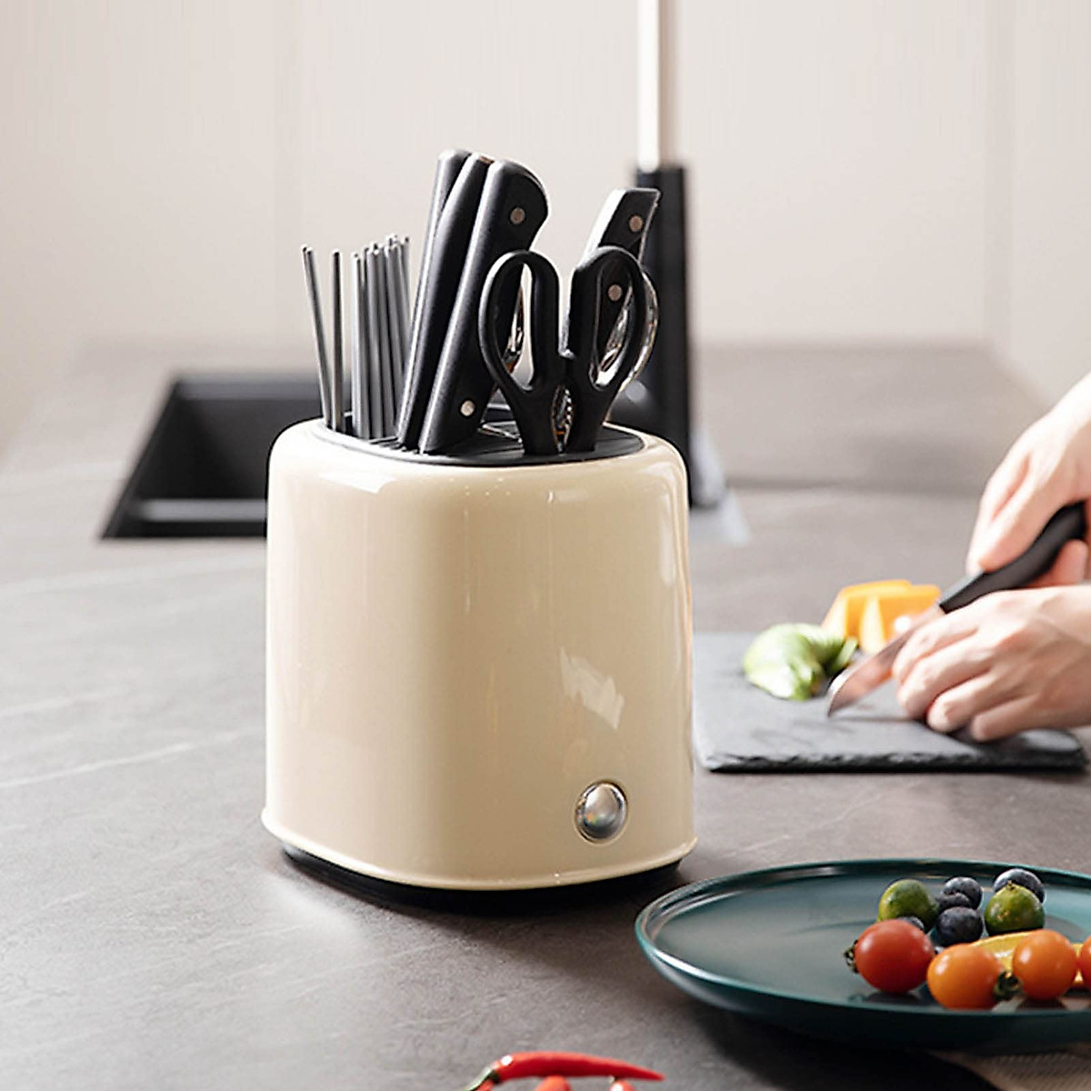 2 in 1 Kitchen Utensil Holder, Divided Spatula Holder Utensil Crock, Tableware Spoon Forks Storage Box, Plastic Kitchen Utensil Holder Cultery Drainer Caddy for Dinner Home Kitchen(Beige)