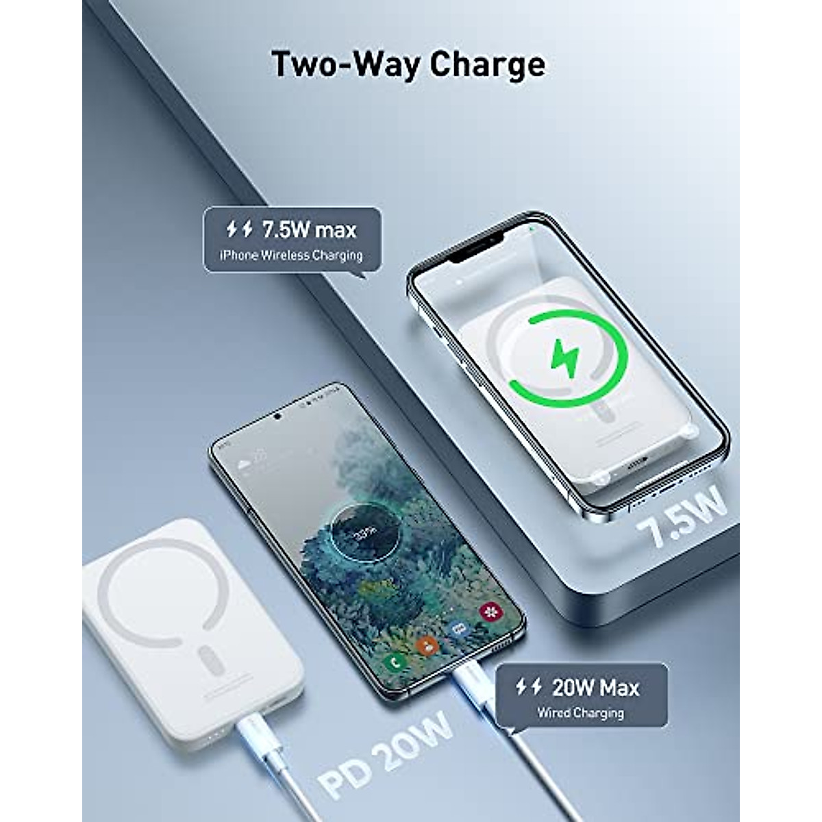 Baseus Magnetic Power Bank Battery Pack 6000mAh Wireless Portable Charger PD 20W with USB-C Cable, for MagSafe, for iPhone 14/13/12 Series, White